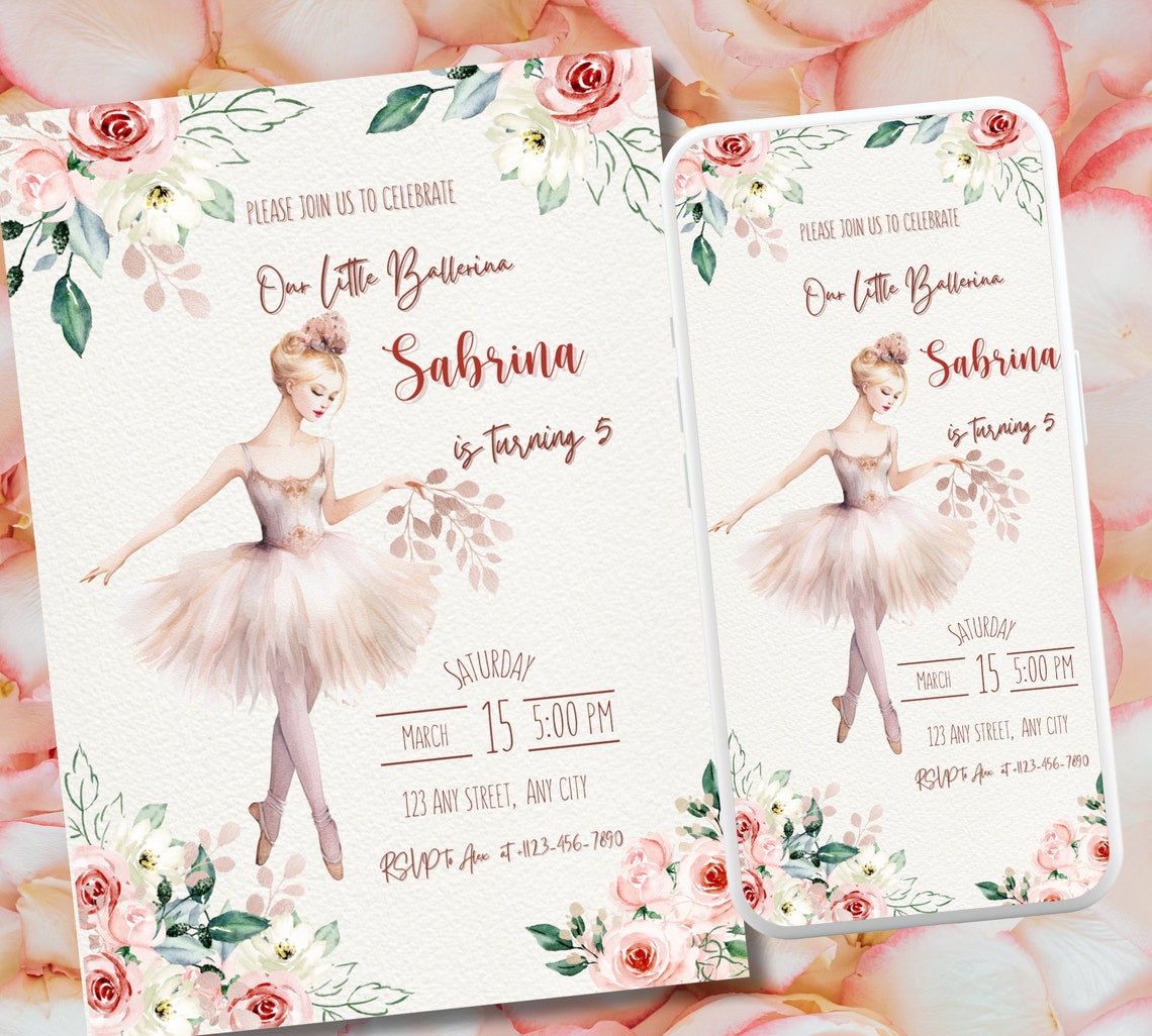 Floral Ballerina Birthday Invitation, Editable Ballet Dancer Birthday ...