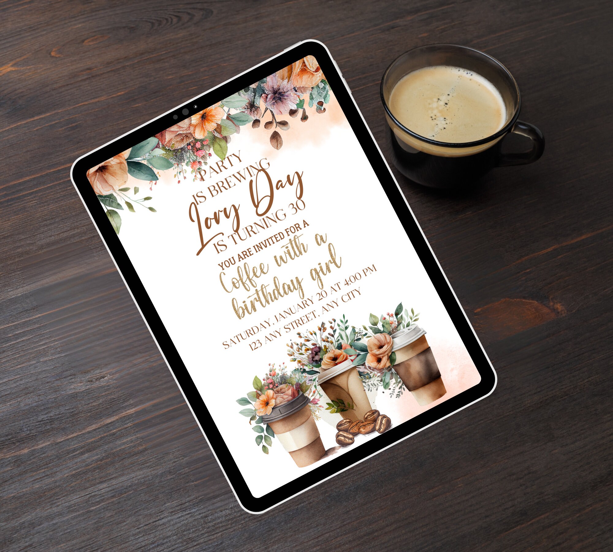 Floral Coffee Birthday Invitation for Woman, Coffee With a Birthday ...