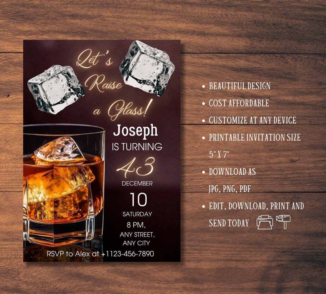 Adult Birthday Party Invitation, Editable Wiskey Cognac Liquor Brandy ...