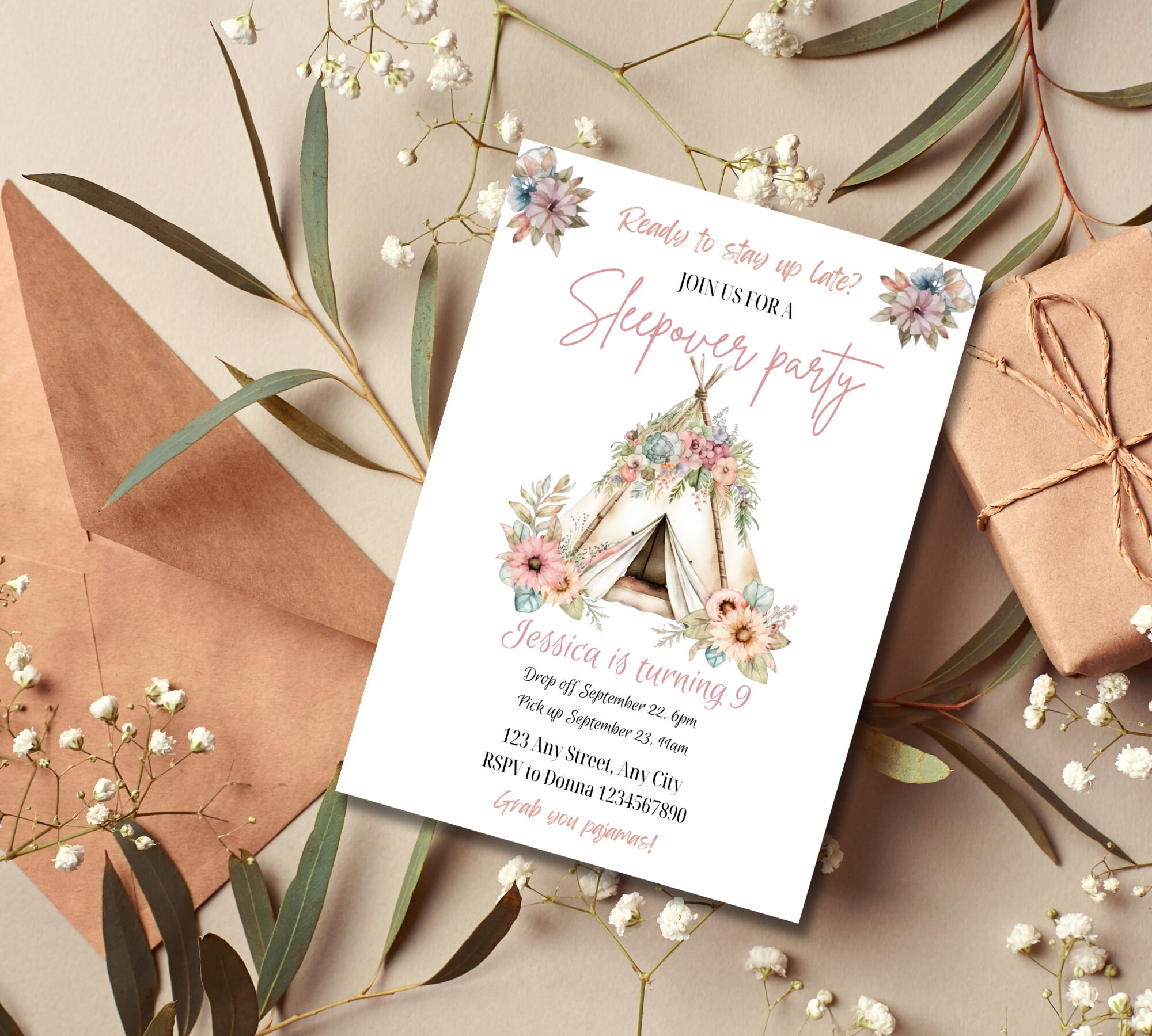 Boho Teepee Girl Sleepover Invitation, Editable Minimalist Slumber Bday ...