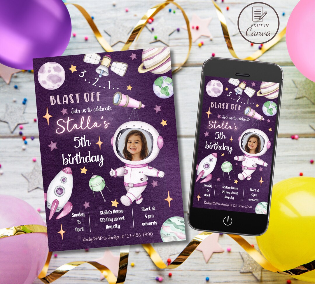 Girl Space Birthday Party Invitation With Photo, Editable Galaxy ...