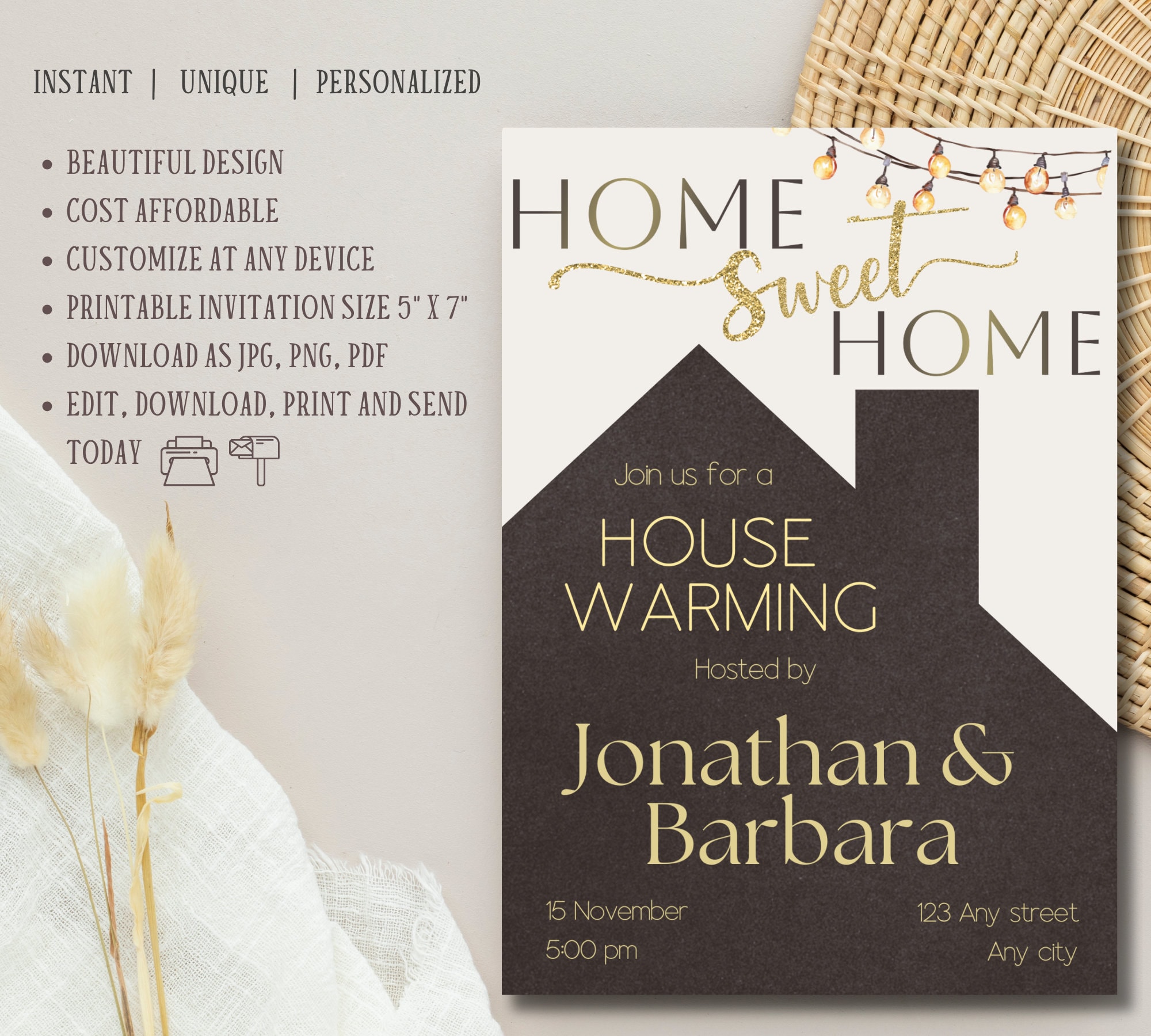 Modern Housewarming Party Invitation, Sweet Home String Light ...