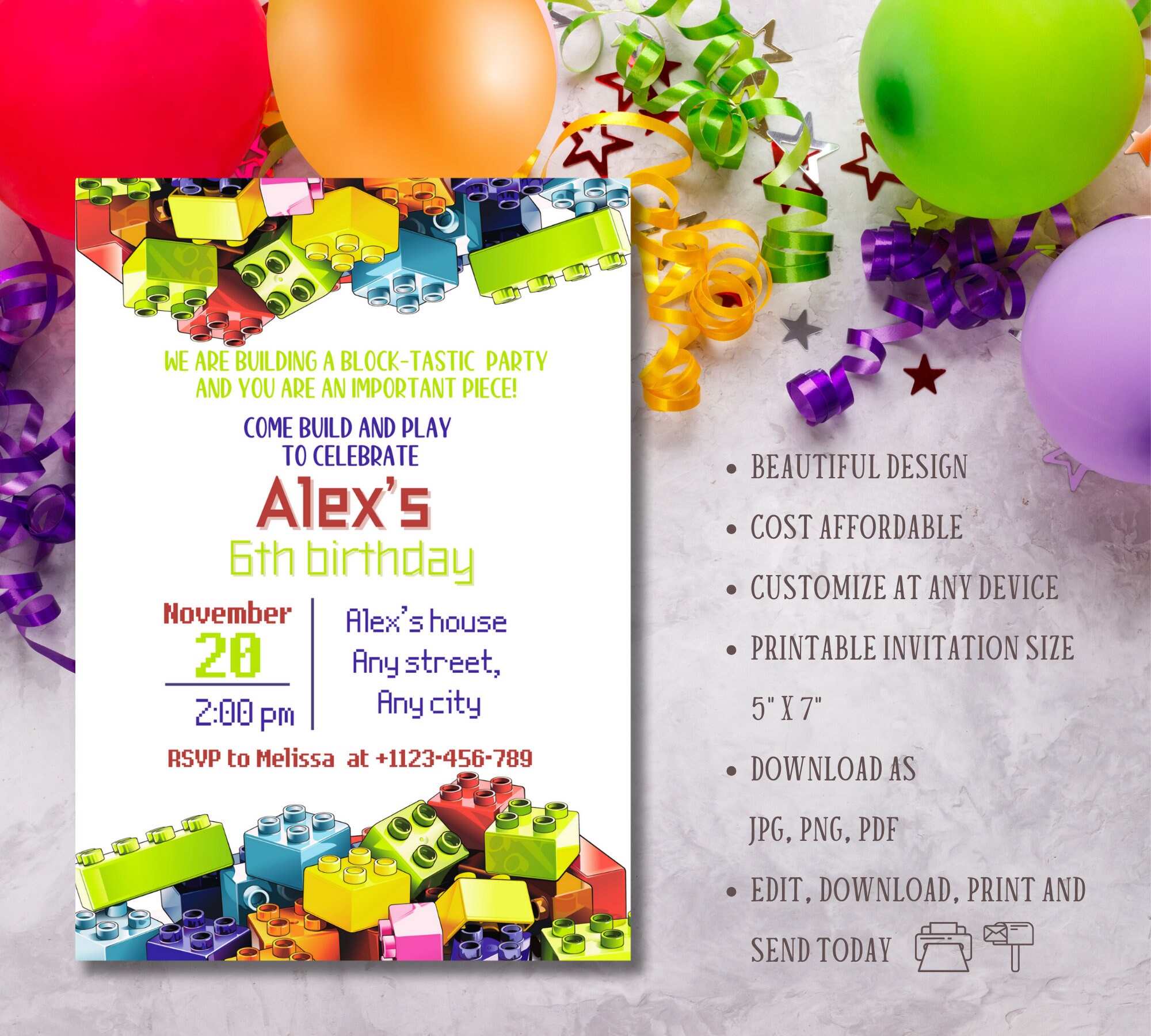Building Blocks Birthday Party Invitation, Editable Building Bricks ...