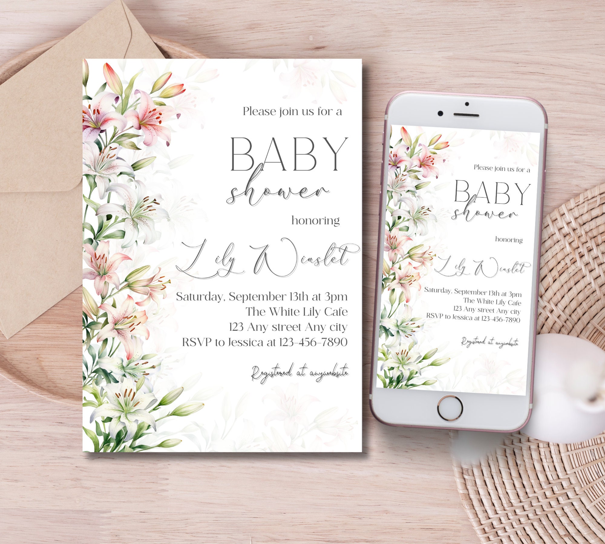 Editable Lilies Baby Shower Invitation, Watercolor Lily Flowers Baby ...