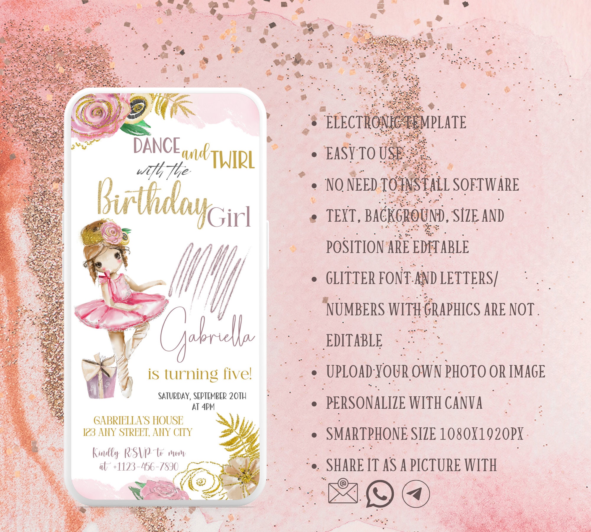 Editable Ballerina Birthday Invitation, Ballet Dancer Birthday Template ...