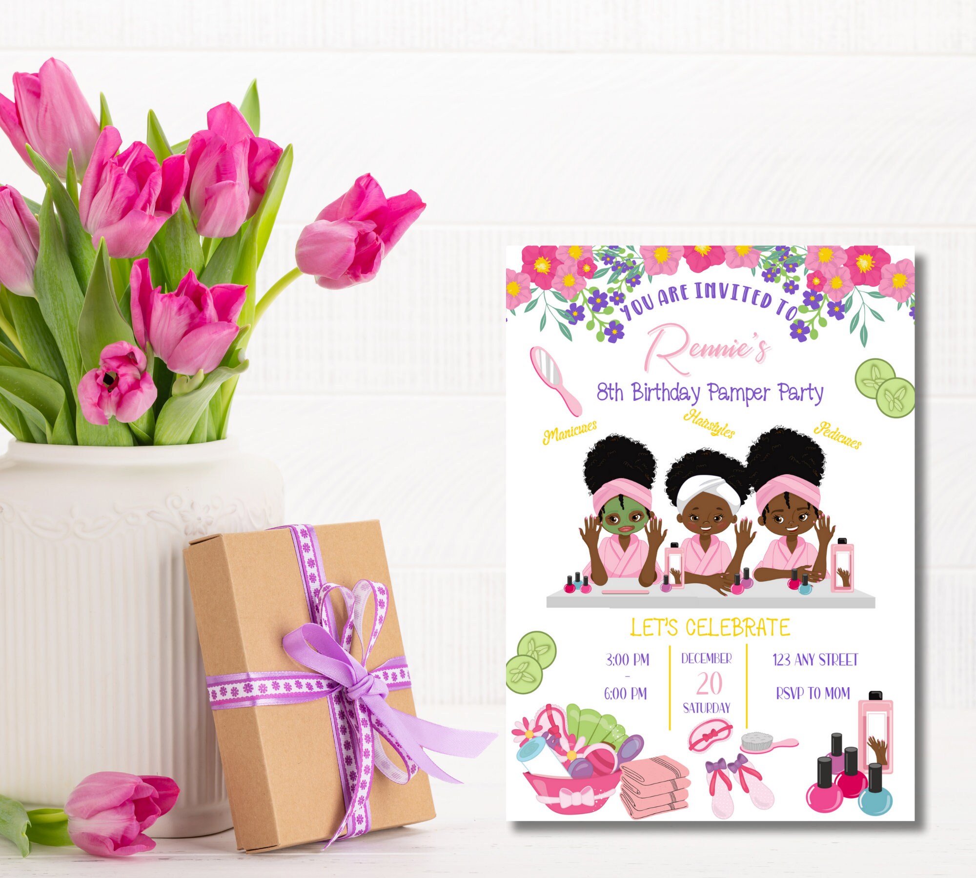 SPA Girls With Face Masks Birthday Invitation, Editable Pamper Birthday ...