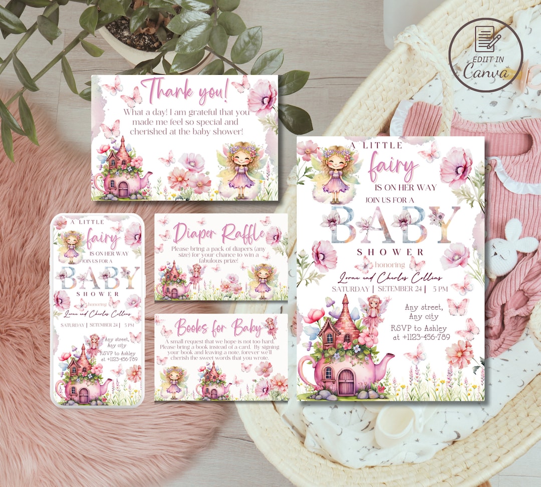 Fairy Baby Shower Invitation Bundle, Editable Whimsical Fairy Party Set ...