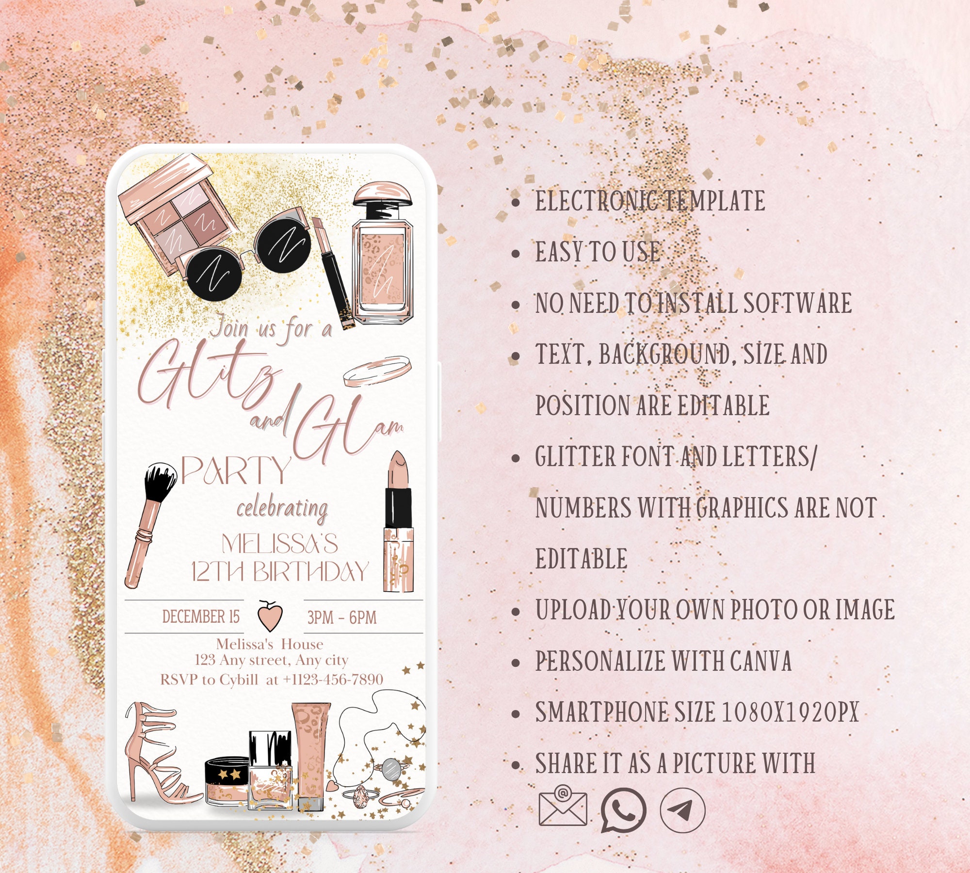 Editable Glitz and Glam Birthday Party Invitation Glamour - Etsy