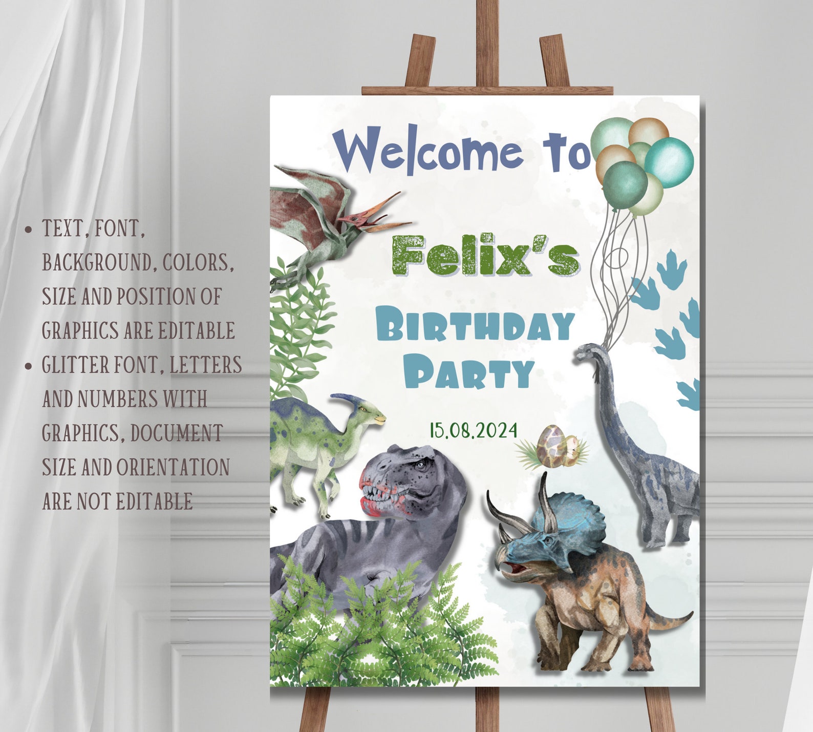 Dinosaur Birthday Party Welcome Sign and Custom Sign Templates Editable ...