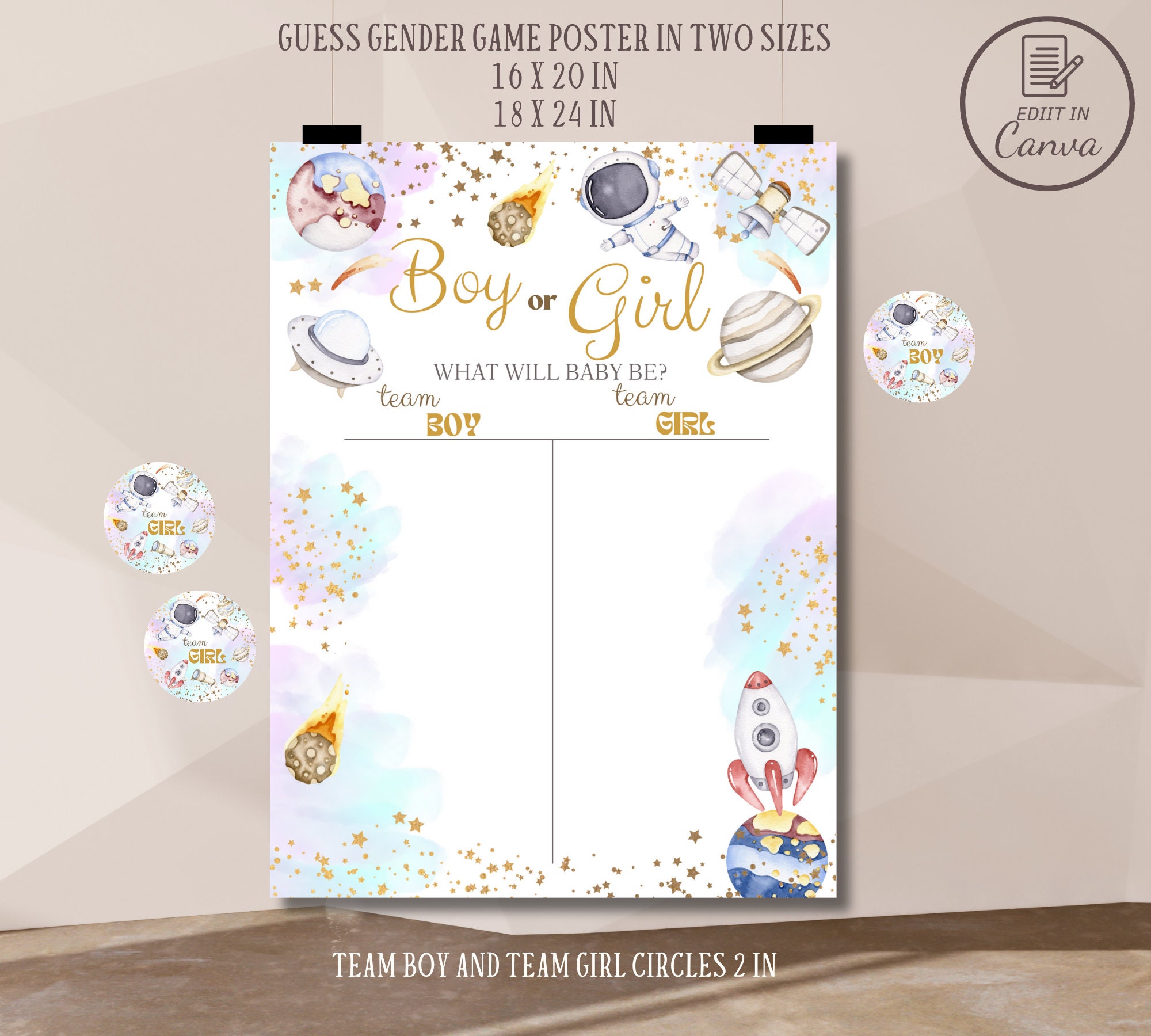 Space Baby Shower Guess Gender Game Poster, Editable Gender Reveal ...