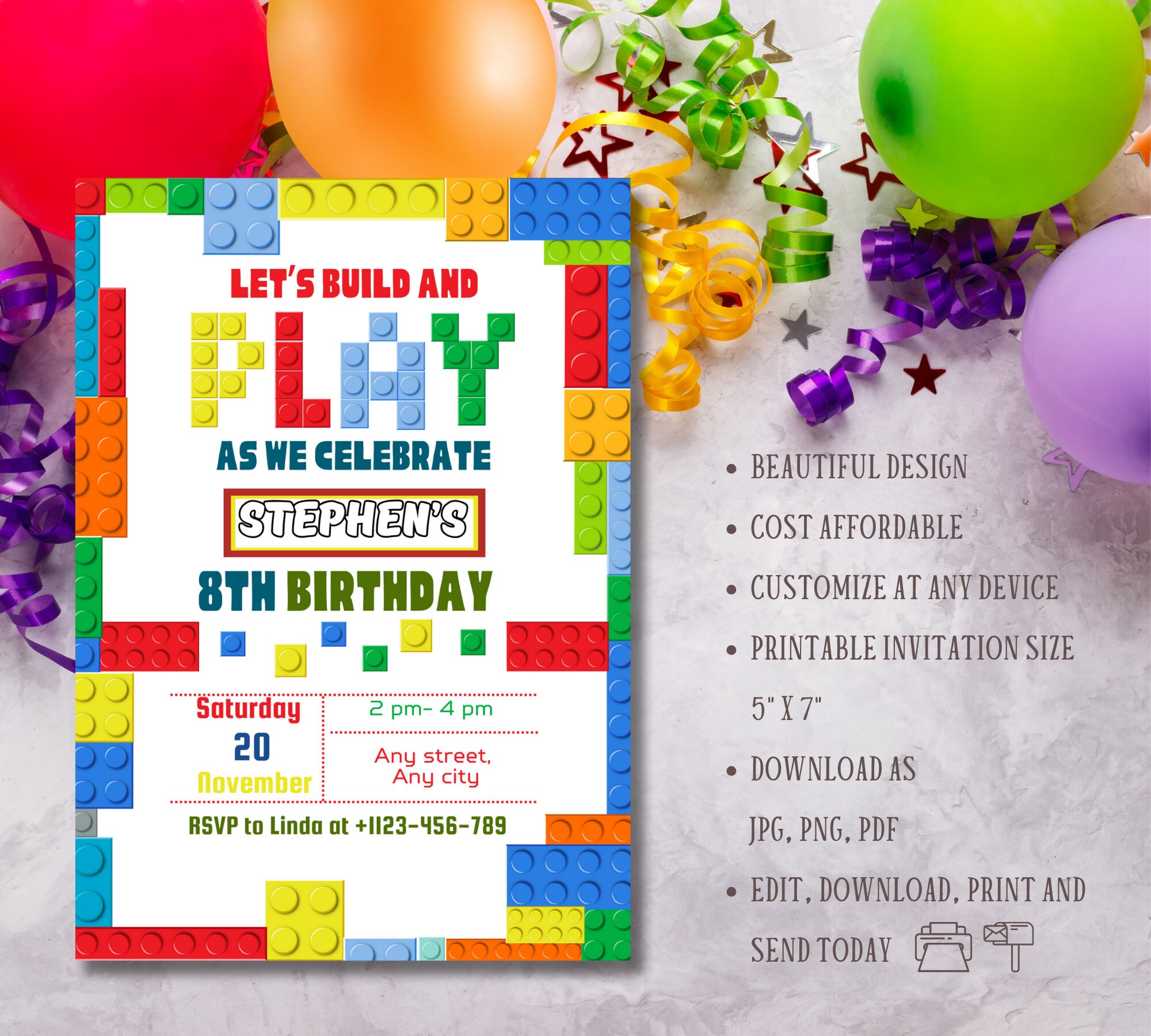 Building Blocks Birthday Party Invitation, Editable Building Bricks ...