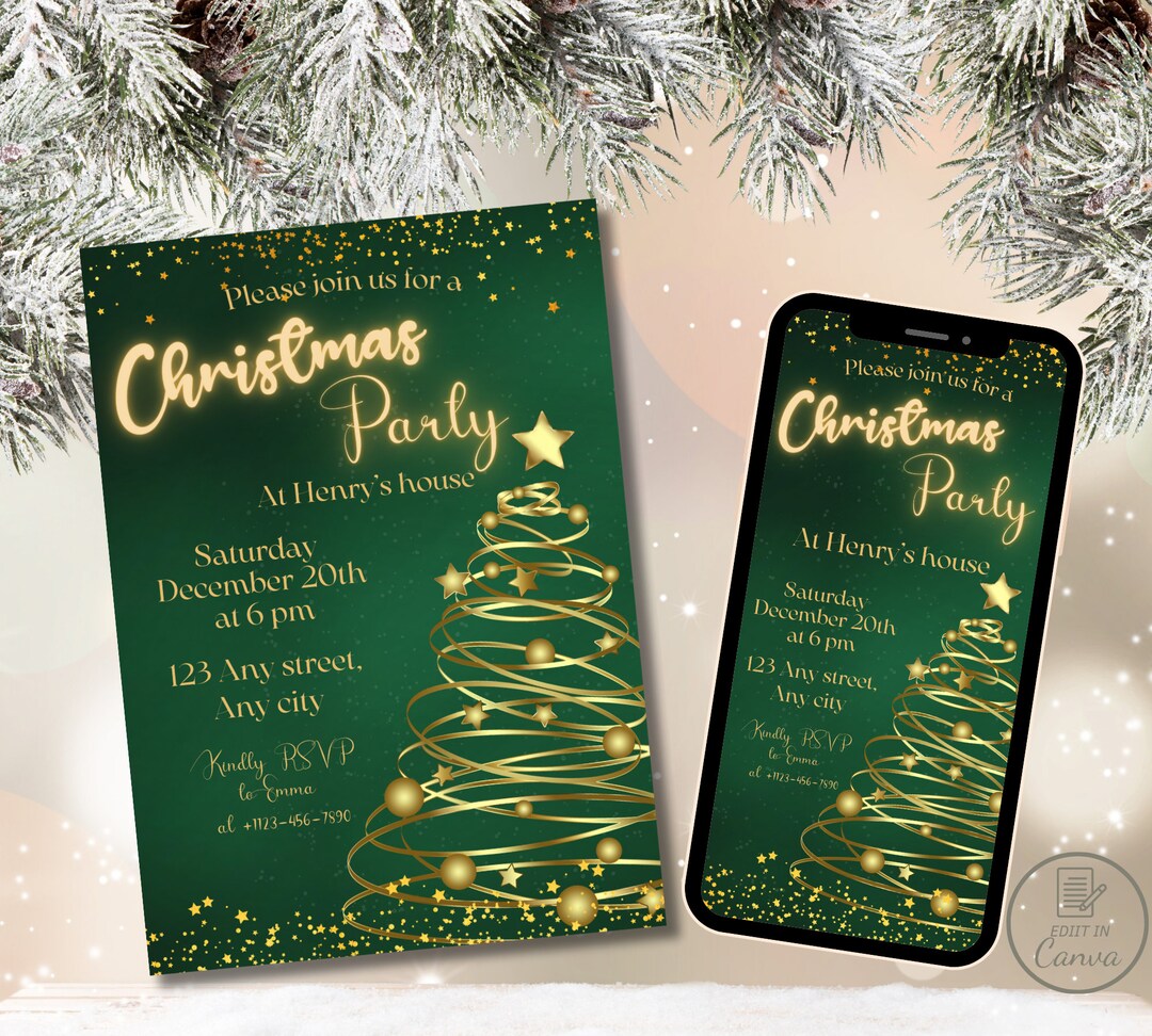 Editable Christmas Party Invite Christmas Golden Tree Holiday - Etsy
