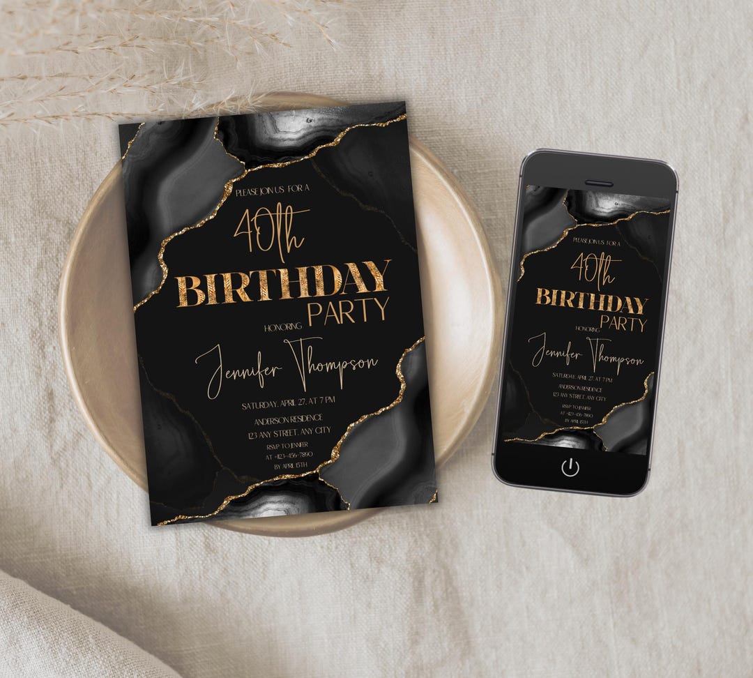 Adult Birthday Party Invitation, Editable Black Gold Marble Bday ...