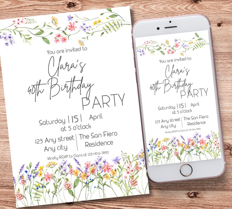 Wildflowers Women Birthday Invitation, Editable Spring Flower Adult ...