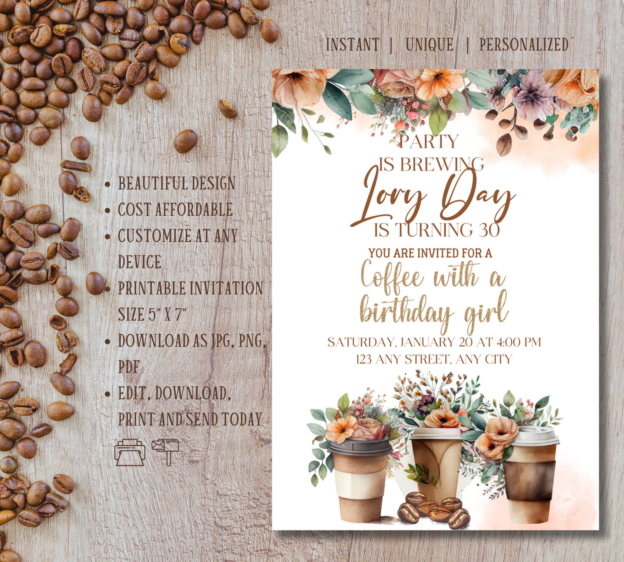 Floral Coffee Birthday Invitation for Woman, Coffee With a Birthday ...