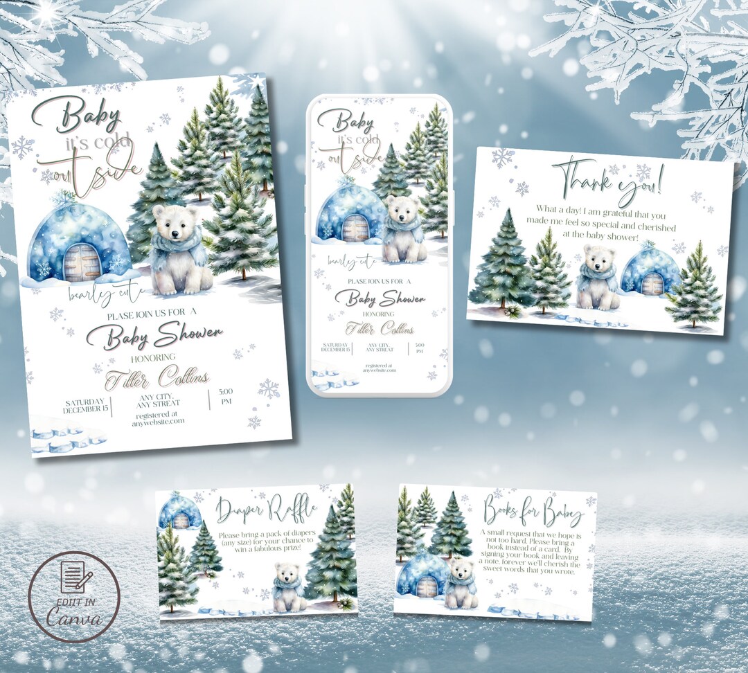 Polar Bear Baby Shower Invitation Bundle, Editable Winter Boy Baby ...