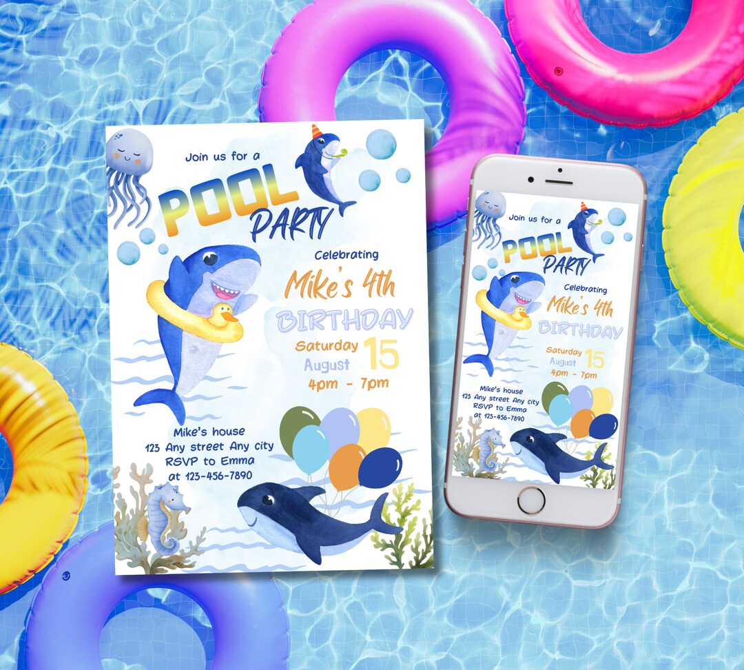 Editable Shark Birthday Invitation, Printable Pool Party Boys Invite ...