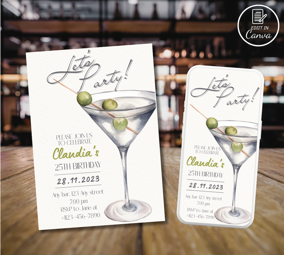 Martini Woman Birthday Party Invitation, Editable Lady Bday Invite ...