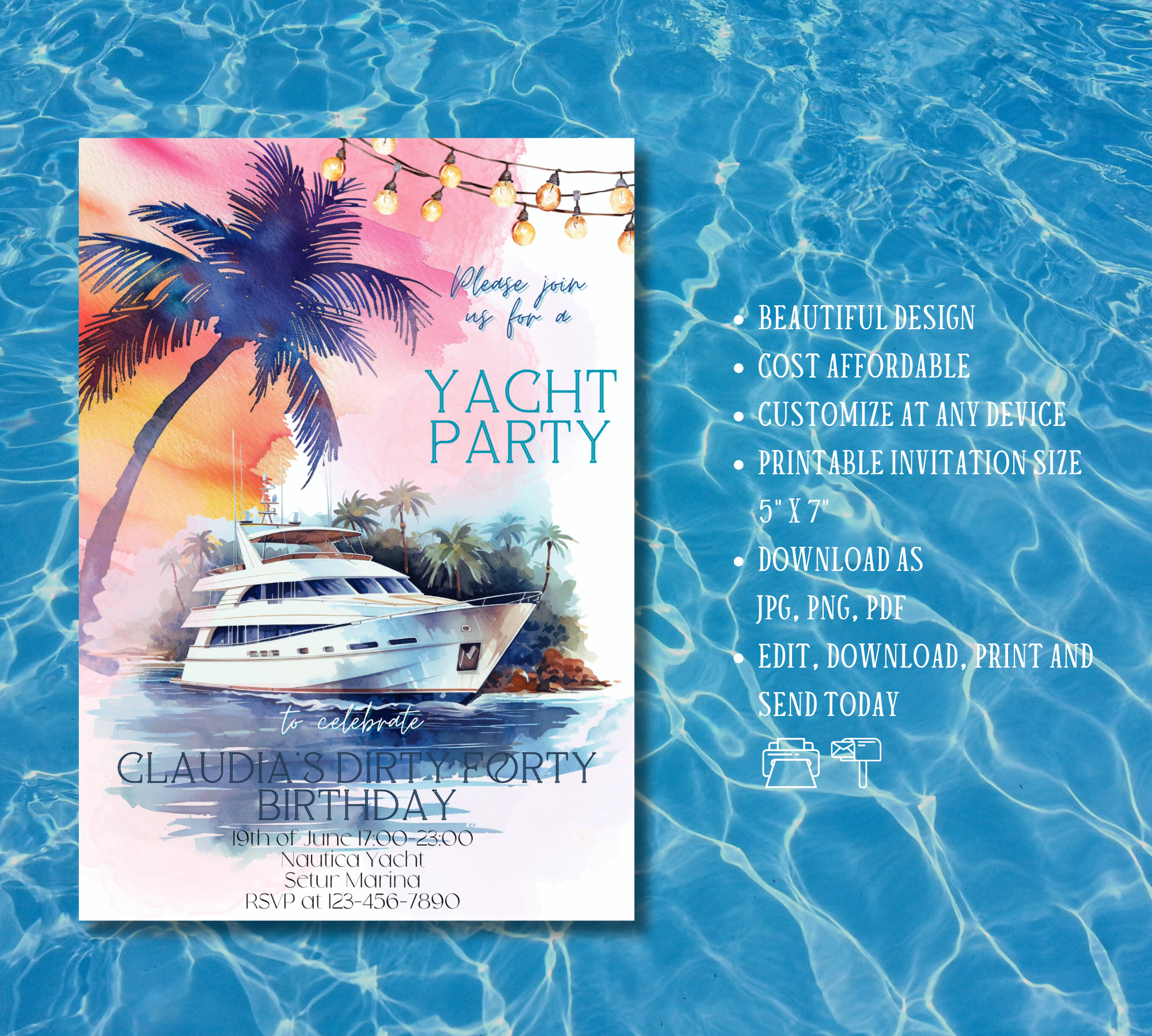 Yacht Birthday Invitation Editable Boat Bday Invite Dirty Forty Party ...