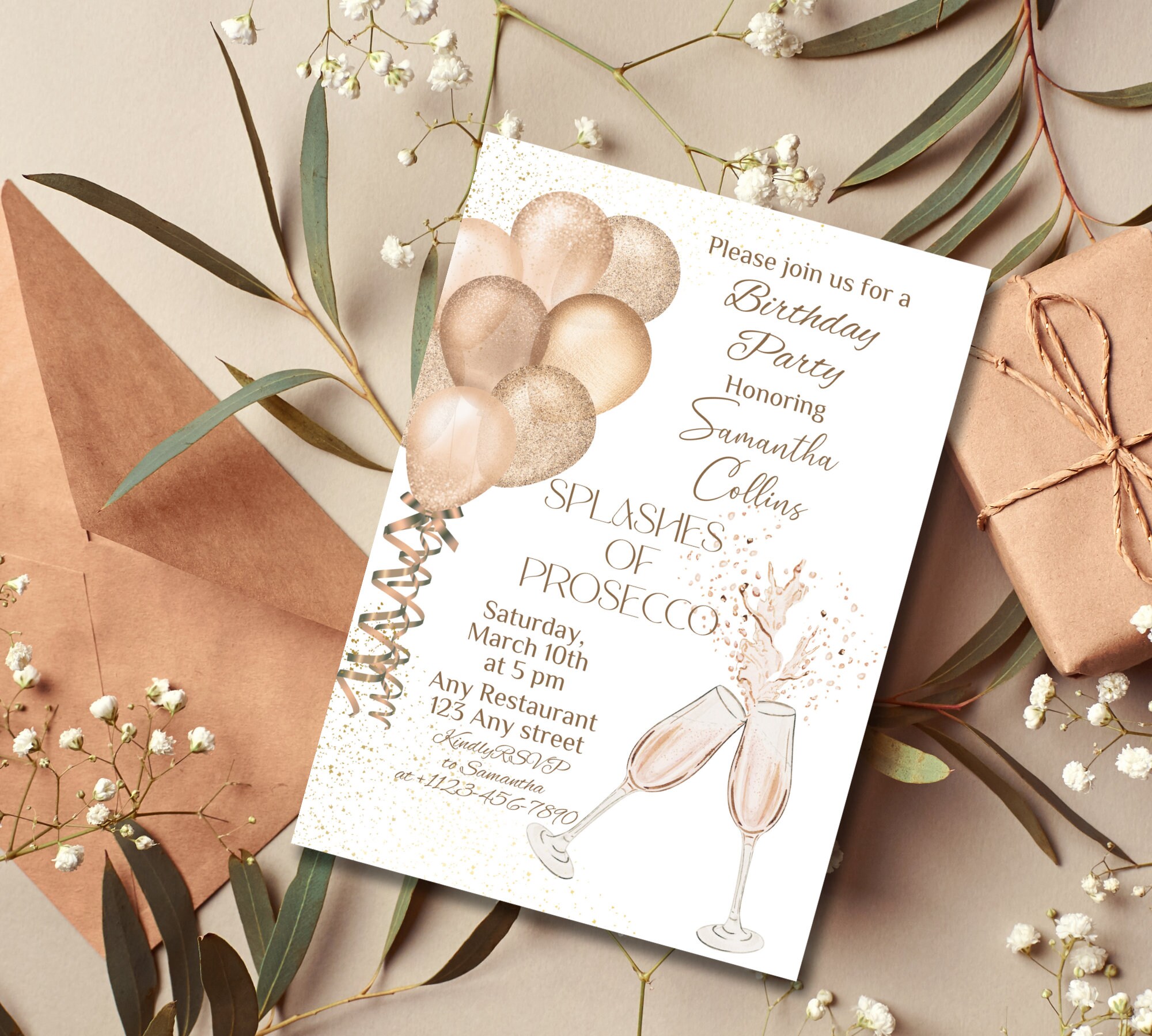 Chic Prosecco and Balloons Adult Birthday Party Invitation, Editable ...