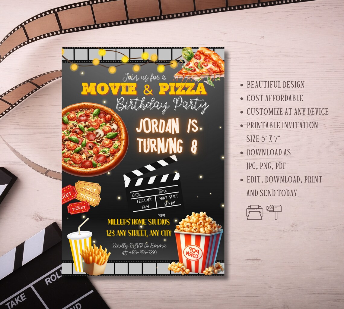 Movie and Pizza Birthday Party Invitation, Editable Cinema Night Bday ...