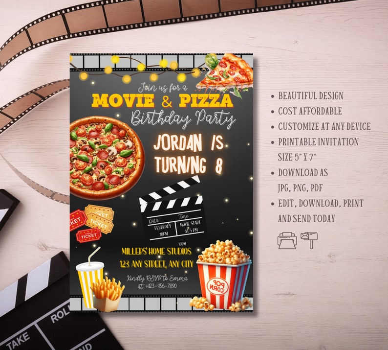 Movie and Pizza Birthday Party Invitation, Editable Cinema Night Bday ...