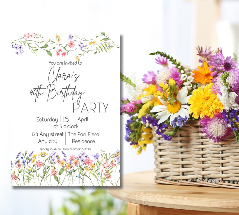 Wildflowers Women Birthday Invitation, Editable Spring Flower Adult ...