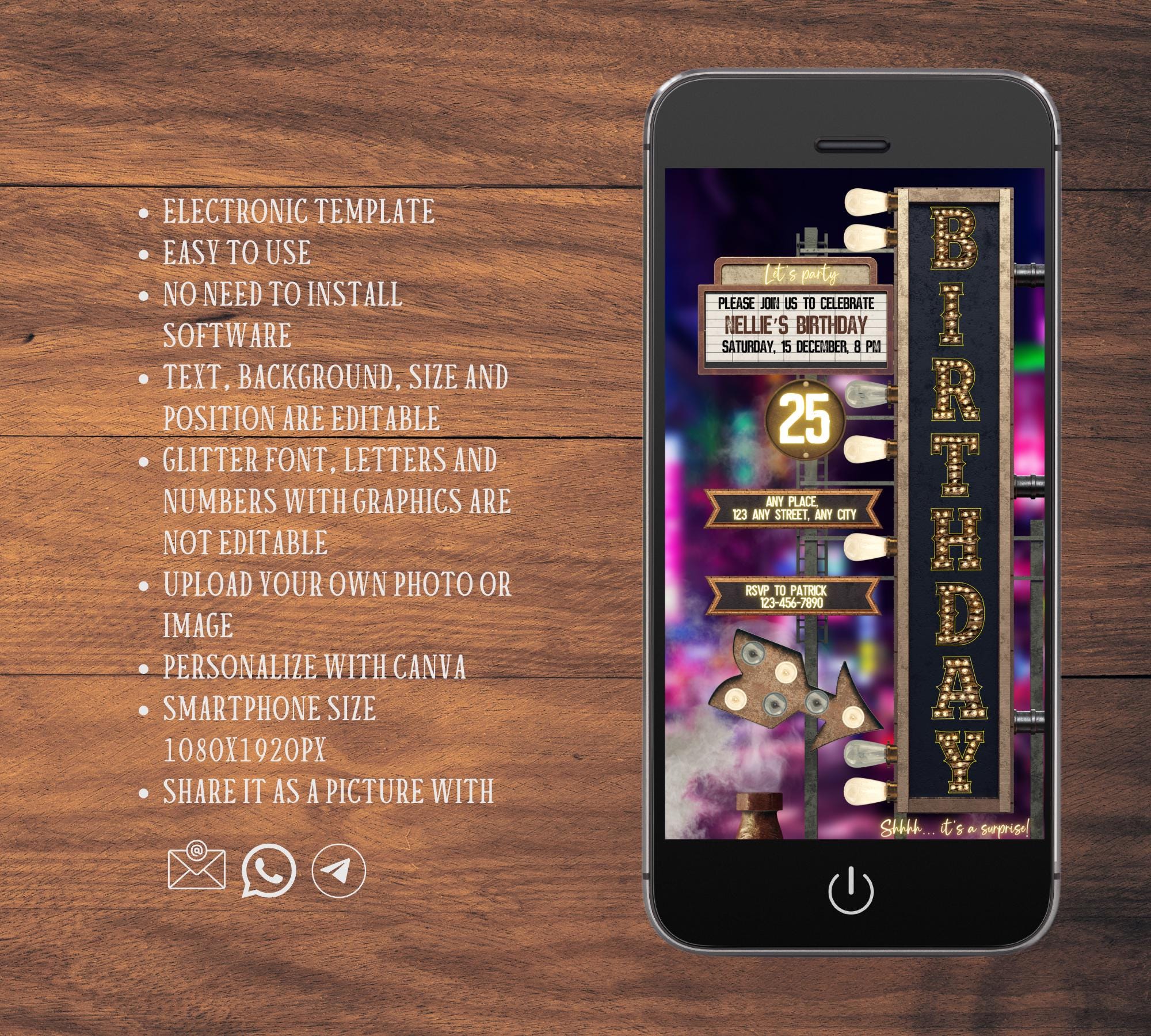 Marquee Lights Birthday Party Invitation, Editable Men and Women ...