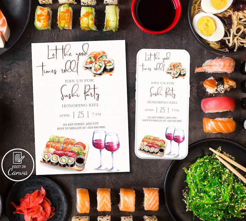 Minimalist Sushi Party Invitation, Editable Birthday Dinner Invite ...