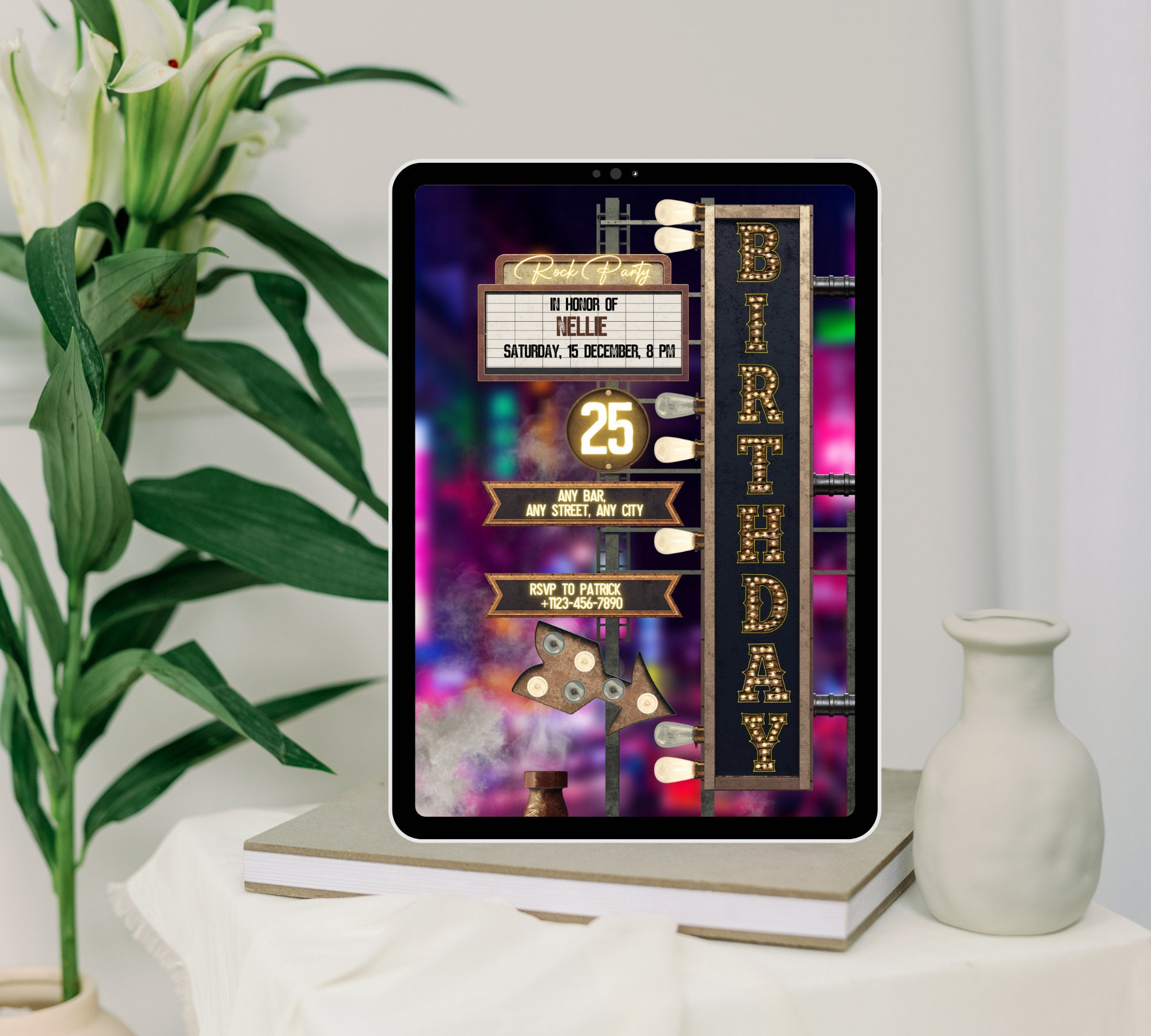 Marquee Lights Birthday Party Invitation, Editable Men and Women ...