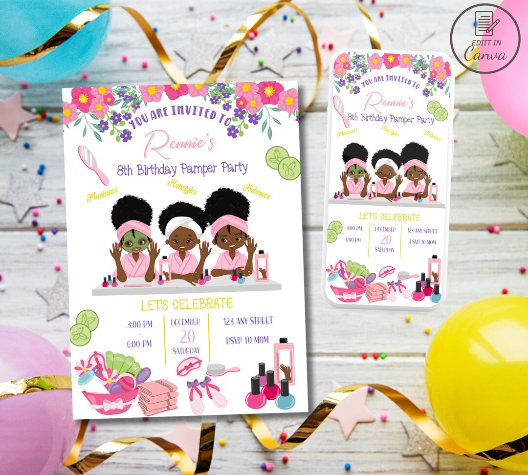 SPA Girls With Face Masks Birthday Invitation, Editable Pamper Birthday ...