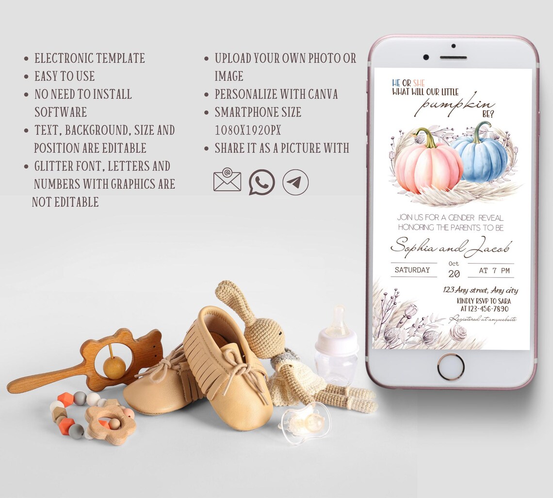 Editable Pumpkin Gender Reveal Invitation, Fall Gender Betting Party ...