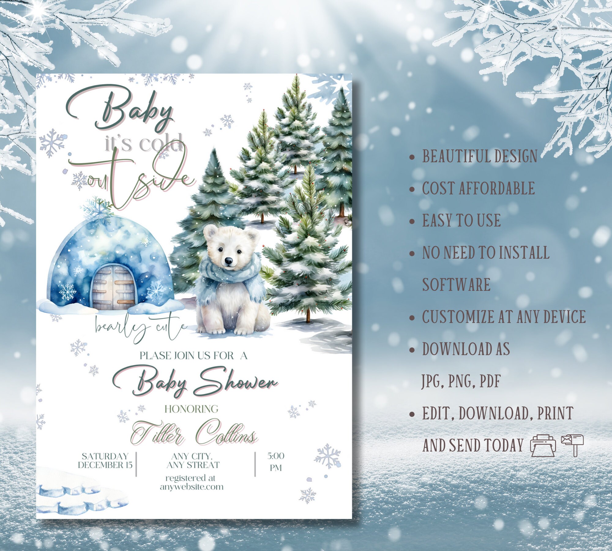 Polar Bear Baby Shower Invitation Bundle, Editable Winter Boy Baby ...