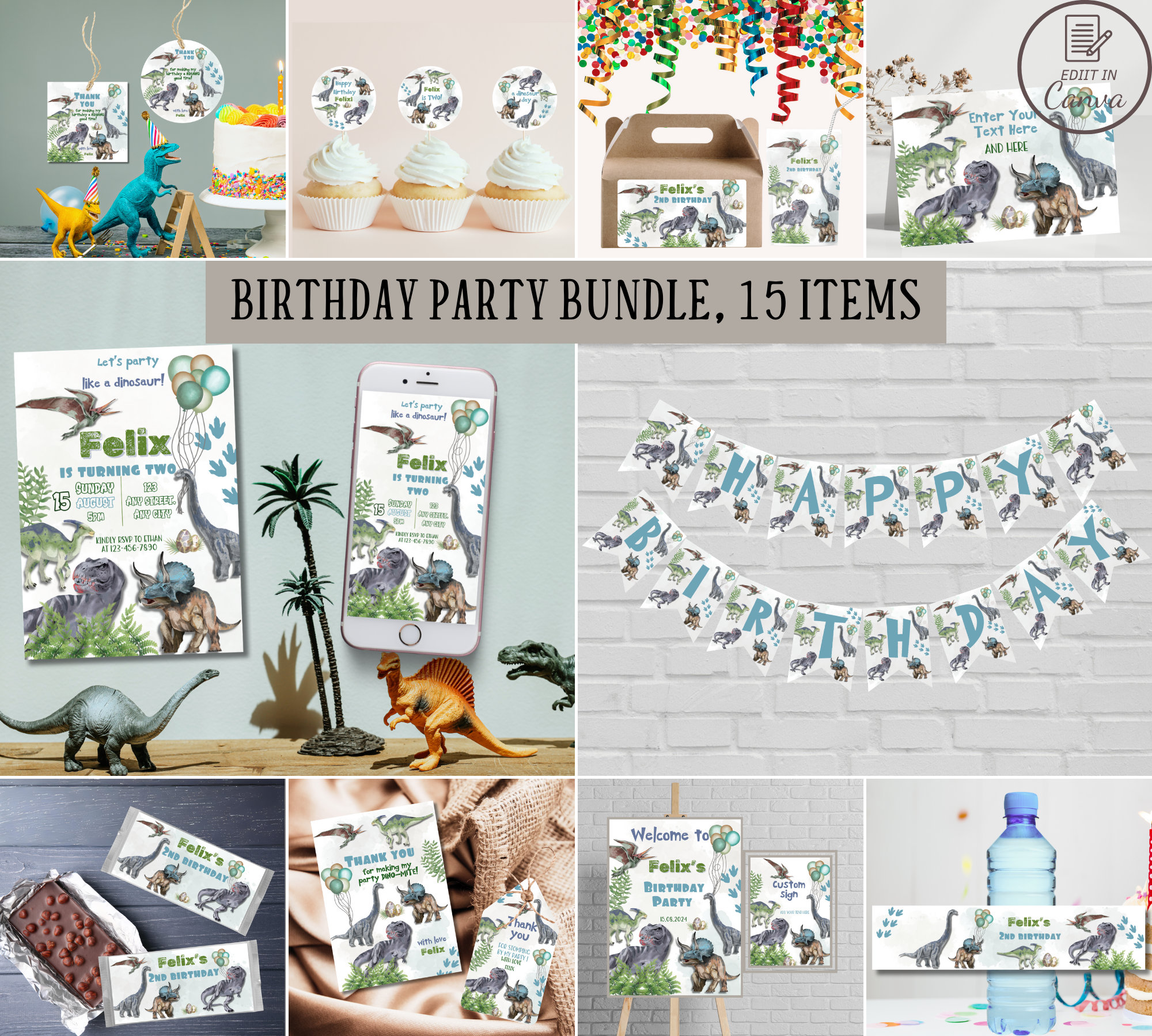 Editable Dinosaurs Birthday Party Bundle, Printable Dino Bday Pack ...