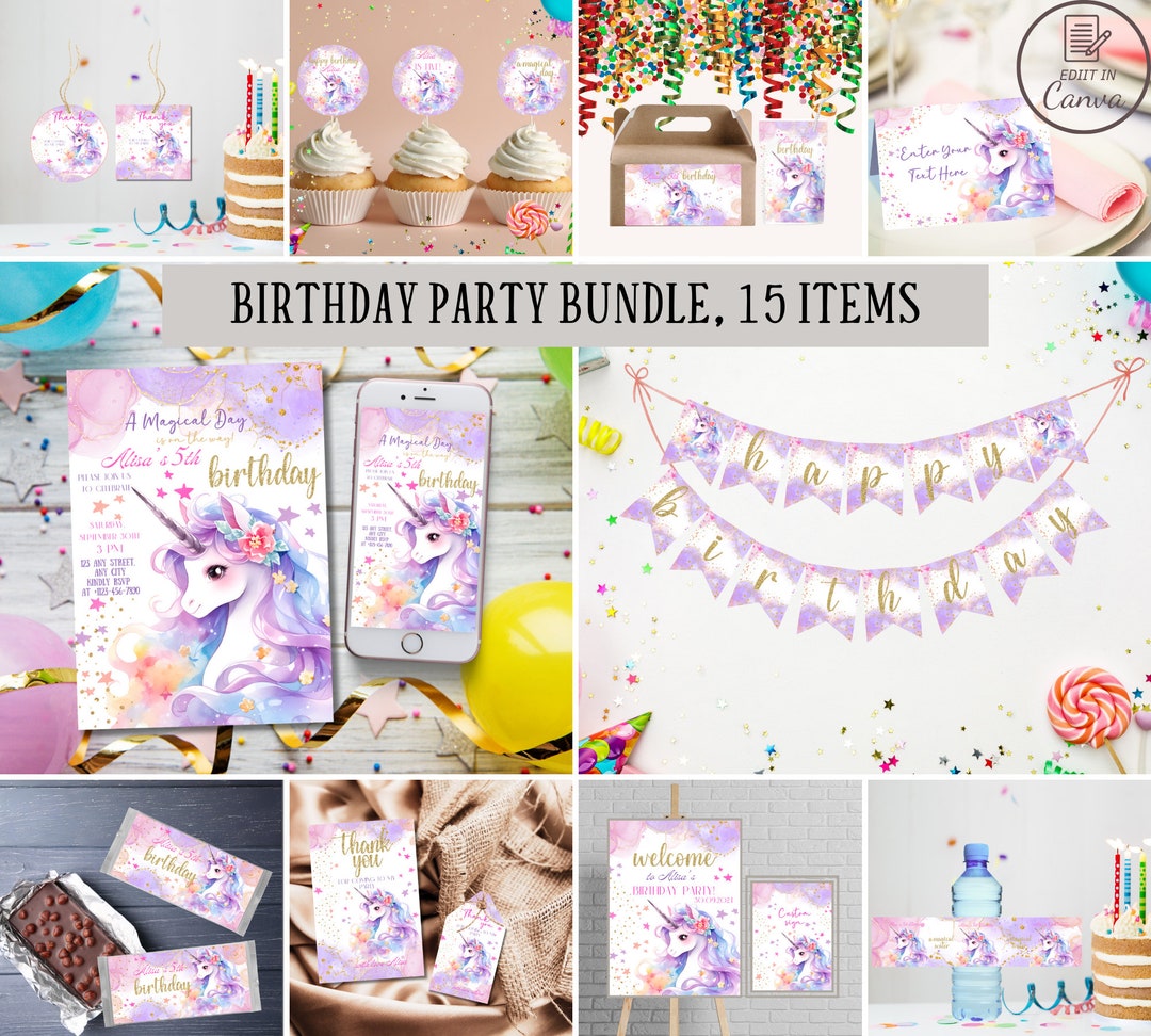 Editable Unicorn Birthday Bundle Party Pack, Printable Party ...