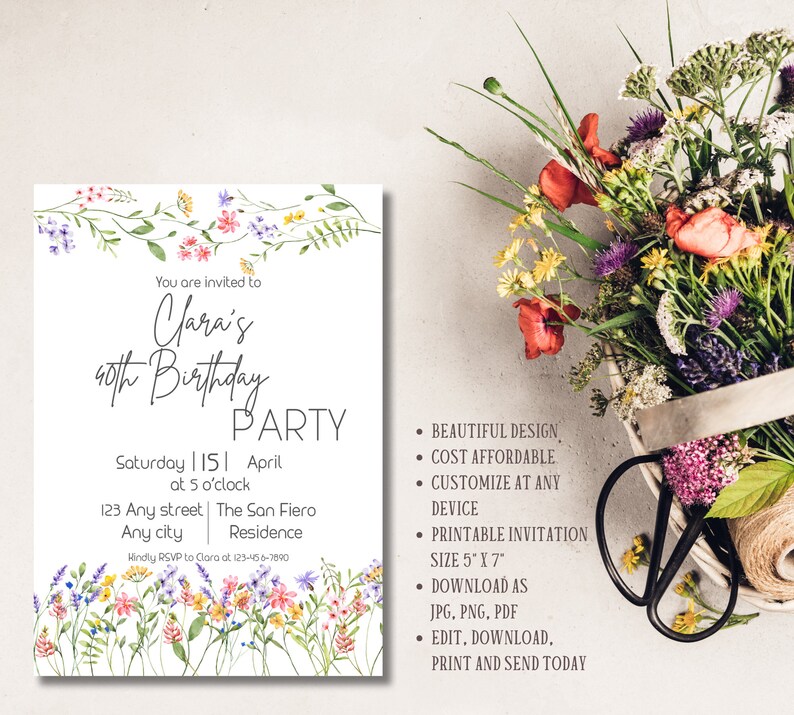Wildflowers Women Birthday Invitation, Editable Spring Flower Adult ...