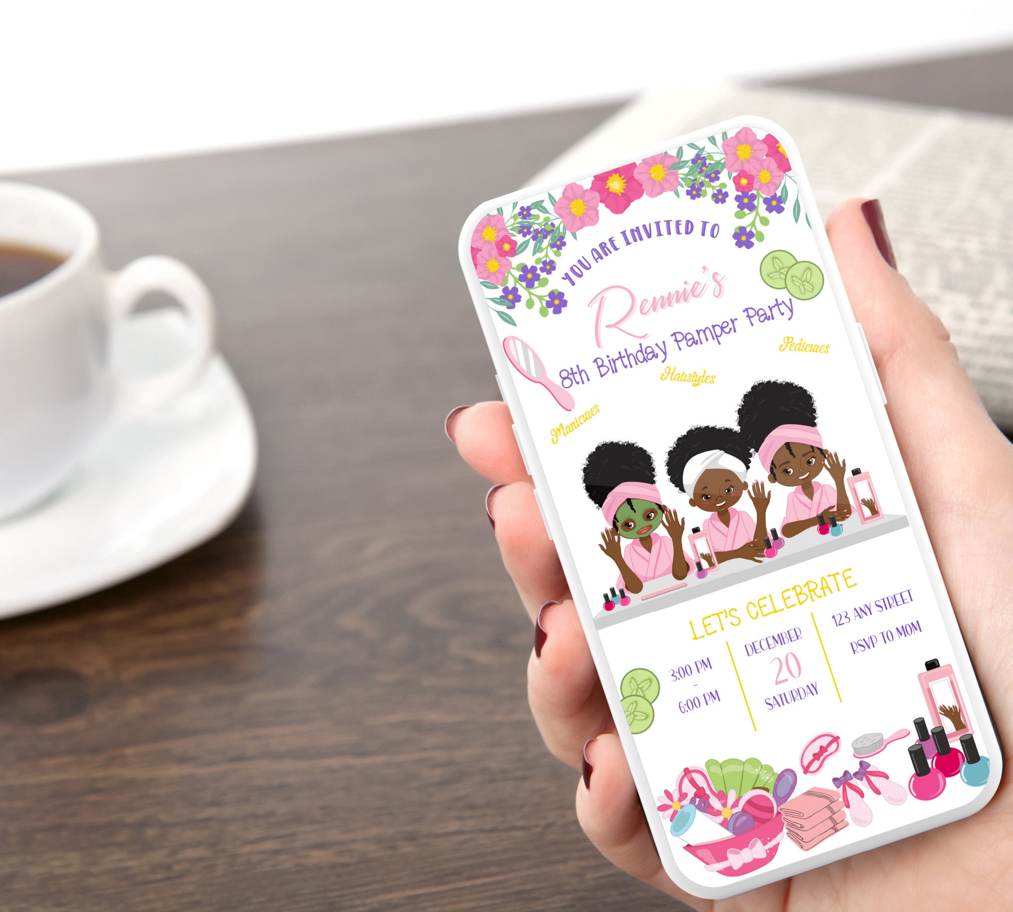 SPA Girls With Face Masks Birthday Invitation, Editable Pamper Birthday ...