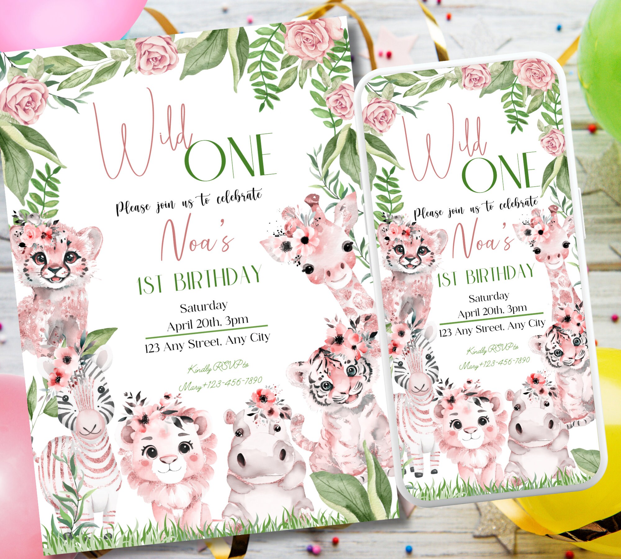 Pink Safari Birthday Invitation Template, Digital Wild One Girl ...