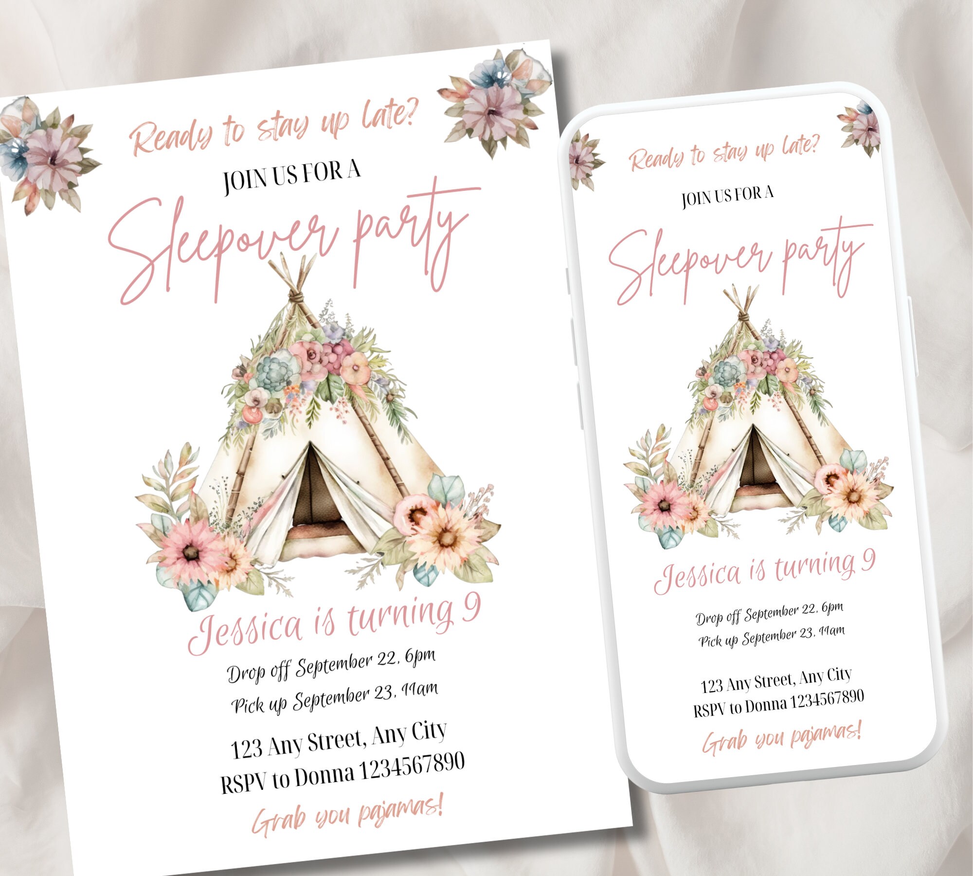 Boho Teepee Girl Sleepover Invitation, Editable Minimalist Slumber Bday ...