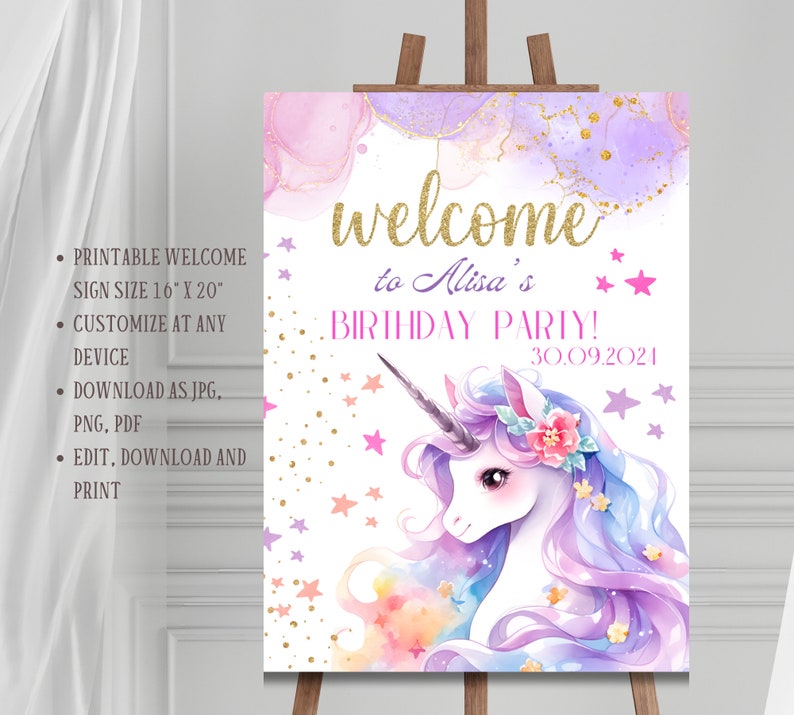 Editable Cute Unicorn Welcome Sign Template, Magical Pony Birthday ...