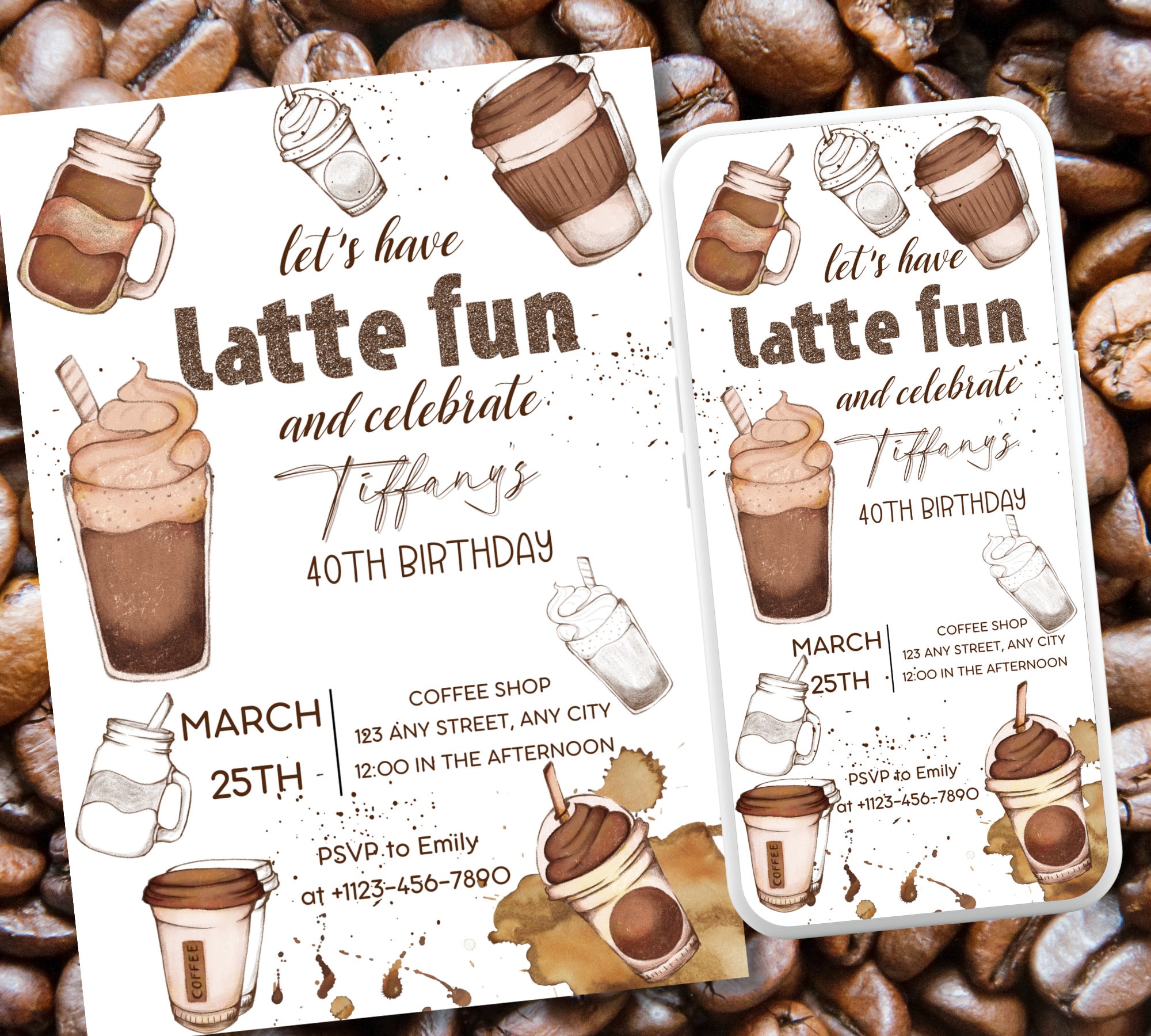Coffee Birthday Invitation for Woman, Latte Fun Adult Evite, Latte ...
