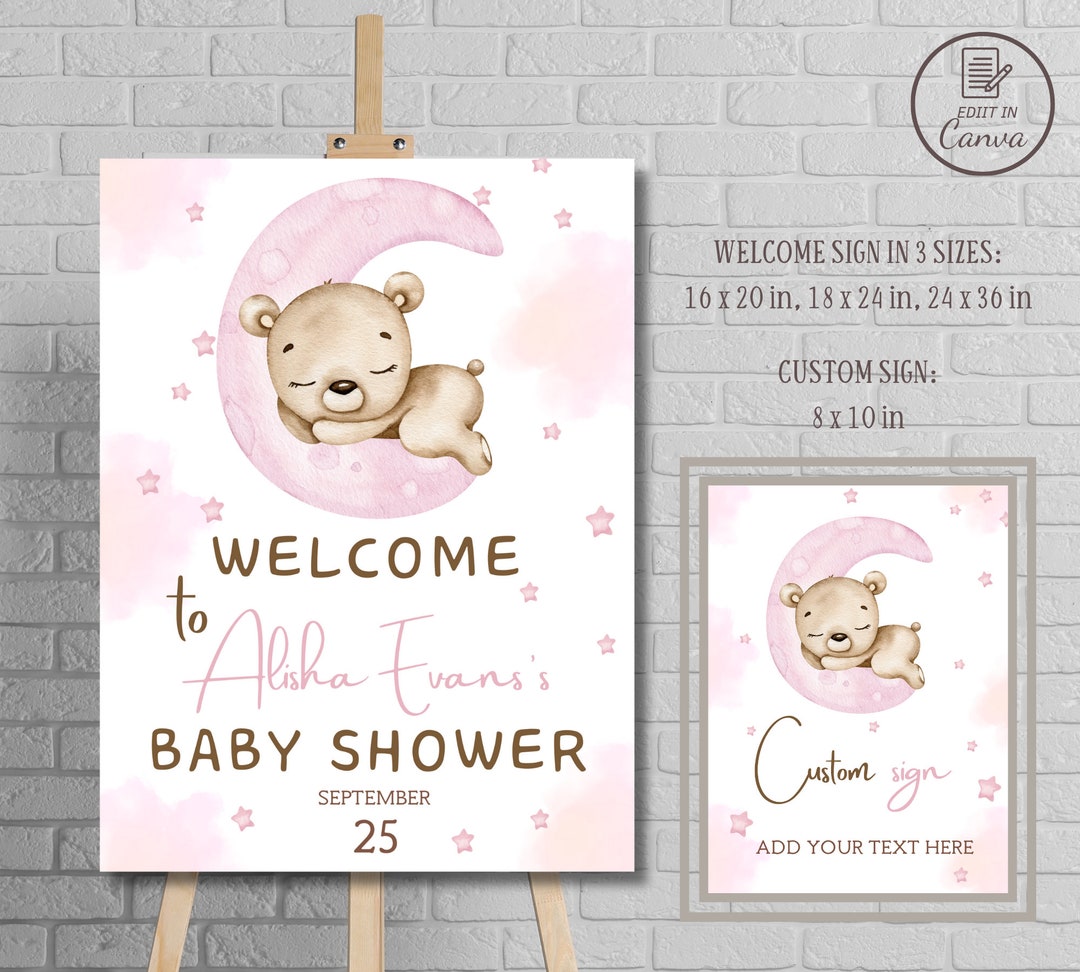 Teddy Bear on Pink Moon Baby Shower Welcome Custom Sign Template ...