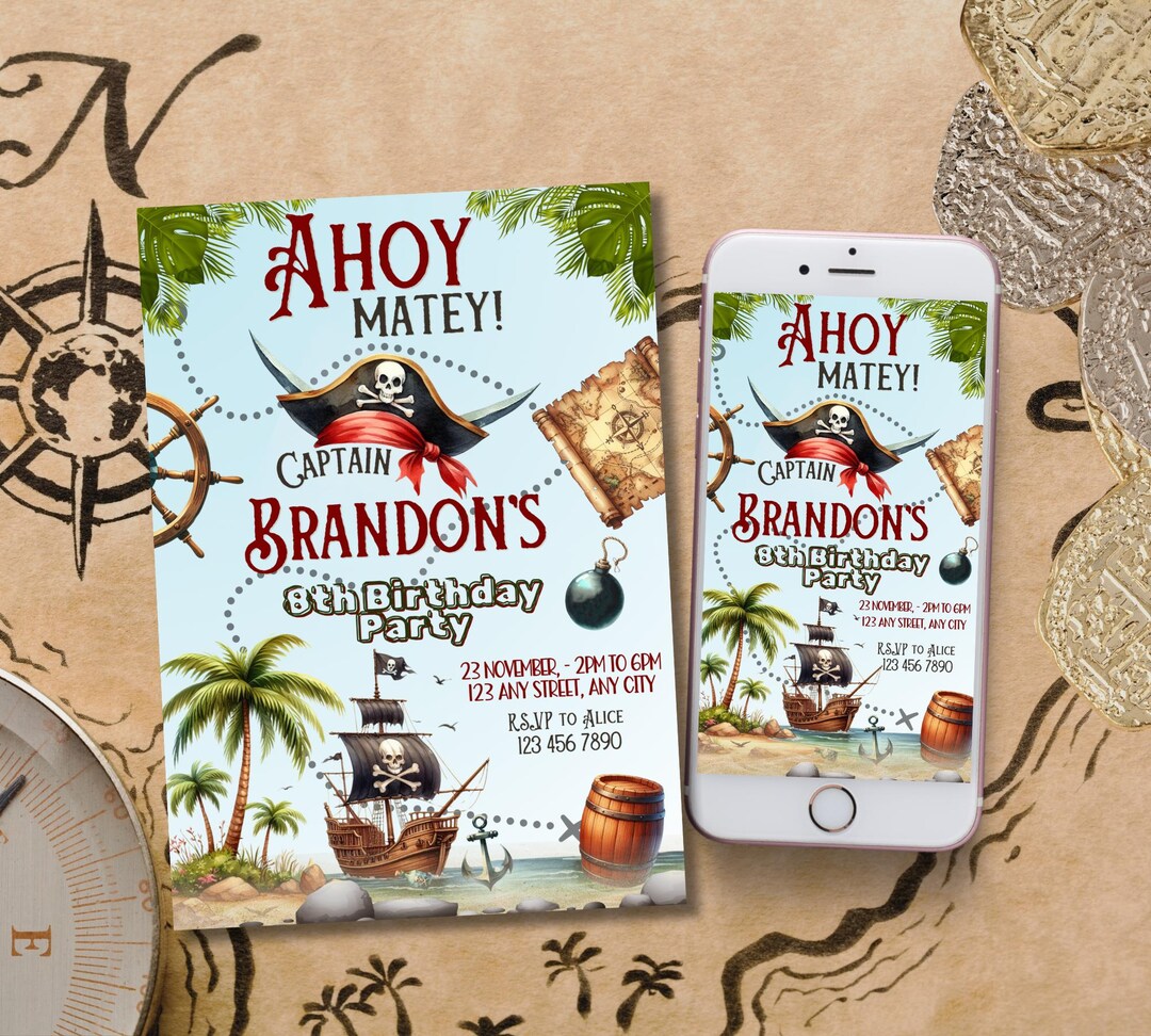 Editable Pirate Party Birthday Invitation, Ahoy Matey Bday Invite ...