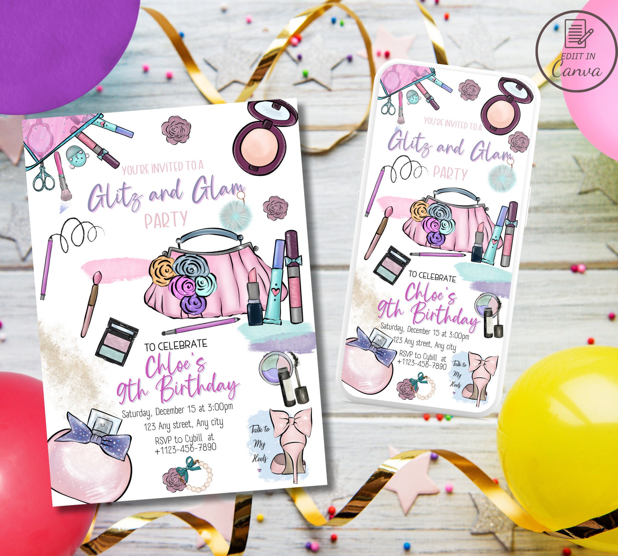 Editable Glitz and Glam Birthday Party Invitation Template - Etsy