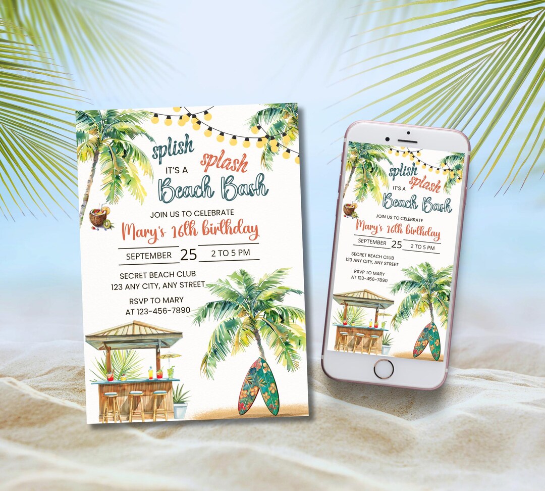 Beach Party Birthday Bash Invitation Editable Summer Bday Invite ...