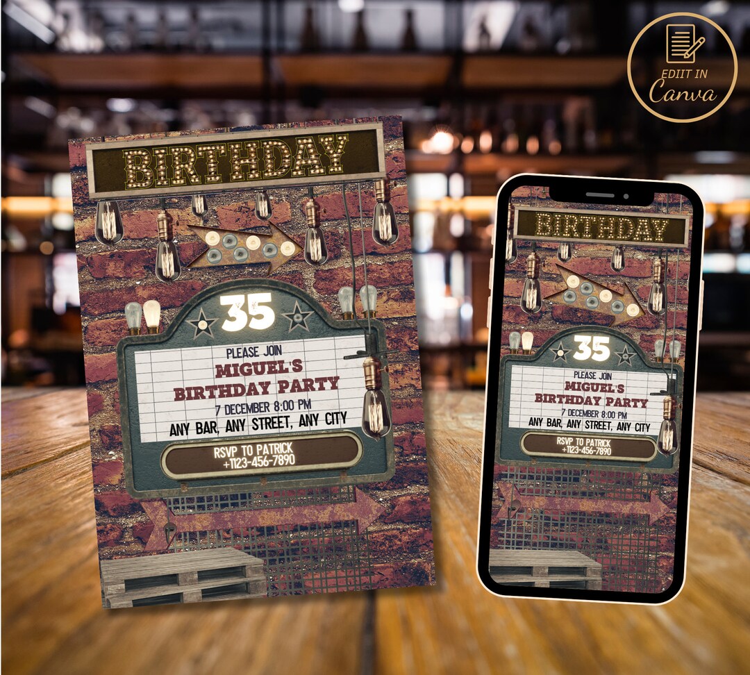 Marquee Lights Birthday Party Invitation, Editable Men and Women ...