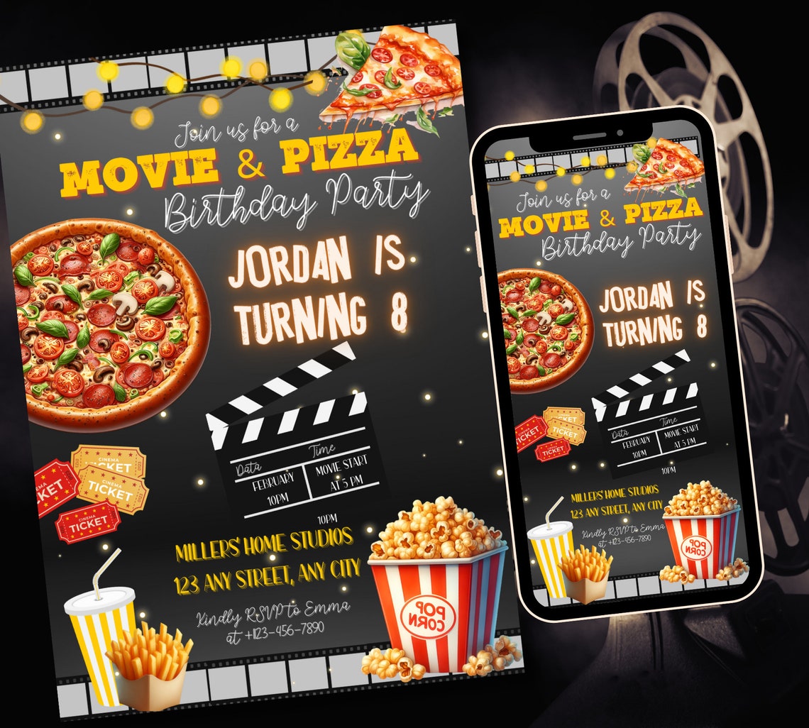 Movie and Pizza Birthday Party Invitation, Editable Cinema Night Bday ...