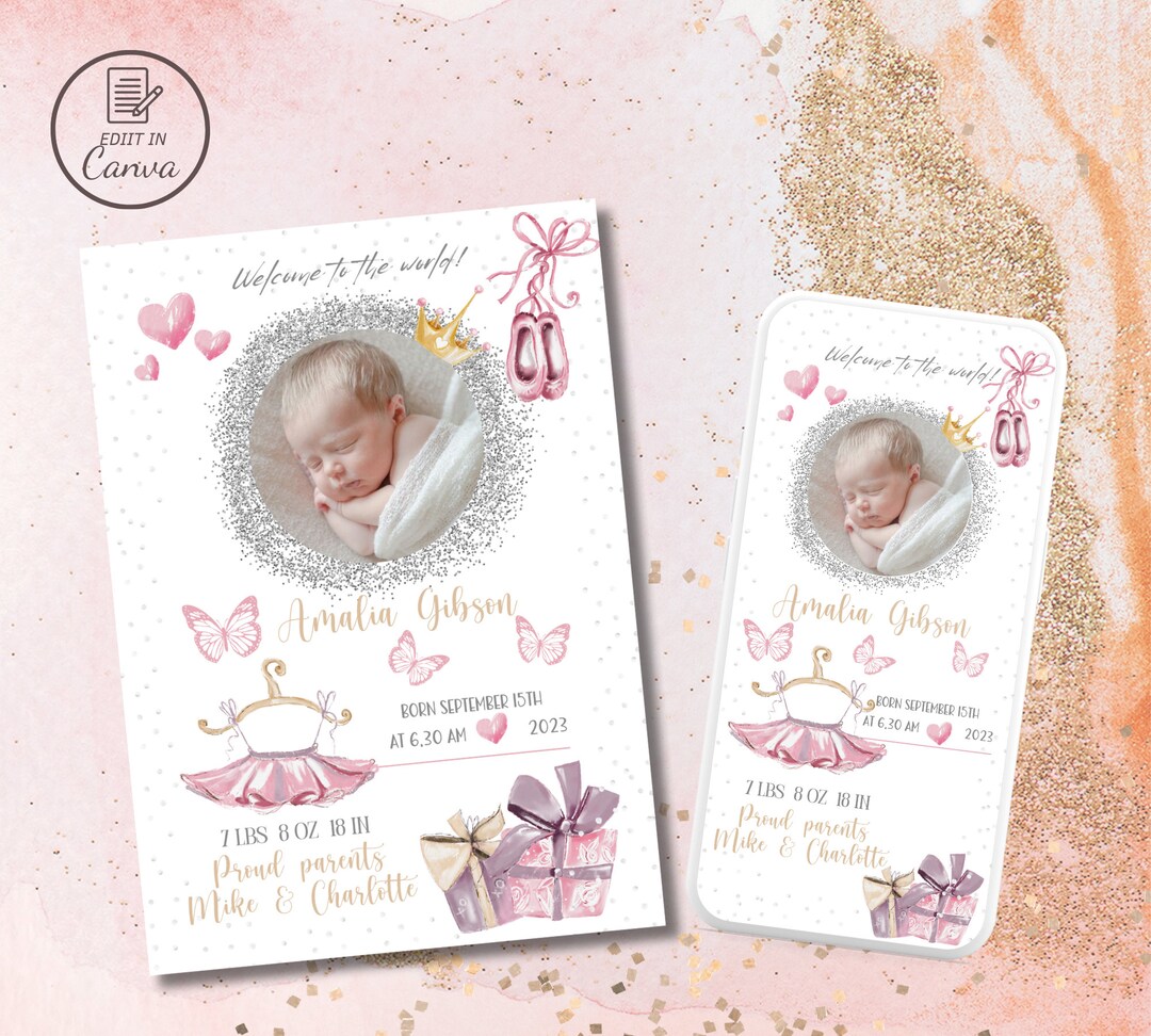 Editable Ballerina Birth Announcement, Ballet Dancer Baby Birth Card ...