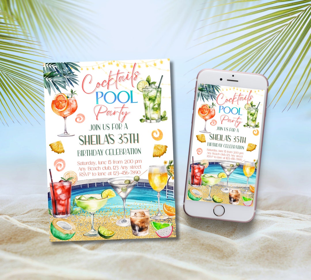 Cocktails Birthday Invitation, Editable Womens Pool Party Invite ...