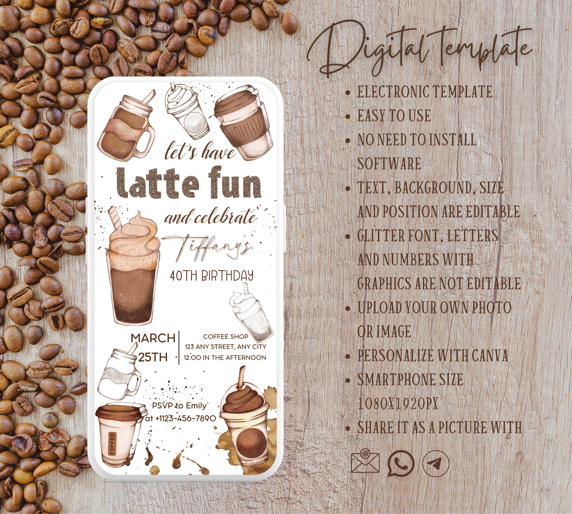 Coffee Birthday Invitation for Woman, Latte Fun Adult Evite, Latte ...